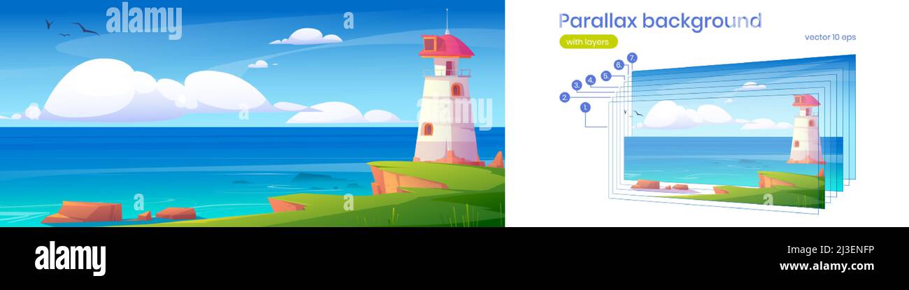 Lighthouse on rock cliff on sea coast. Vector parallax background for ...