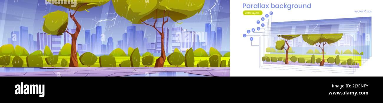 City park with green lawn, trees and walkway in rain. Vector parallax ...