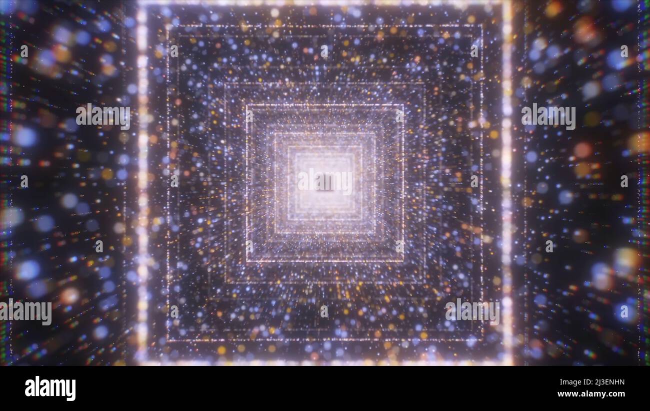 Moving in square cyber tunnel with particles. Motion. Glowing particles ...