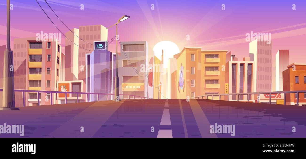 Sunrise in modern city, urban skyline with sun rising above skyscraper ...