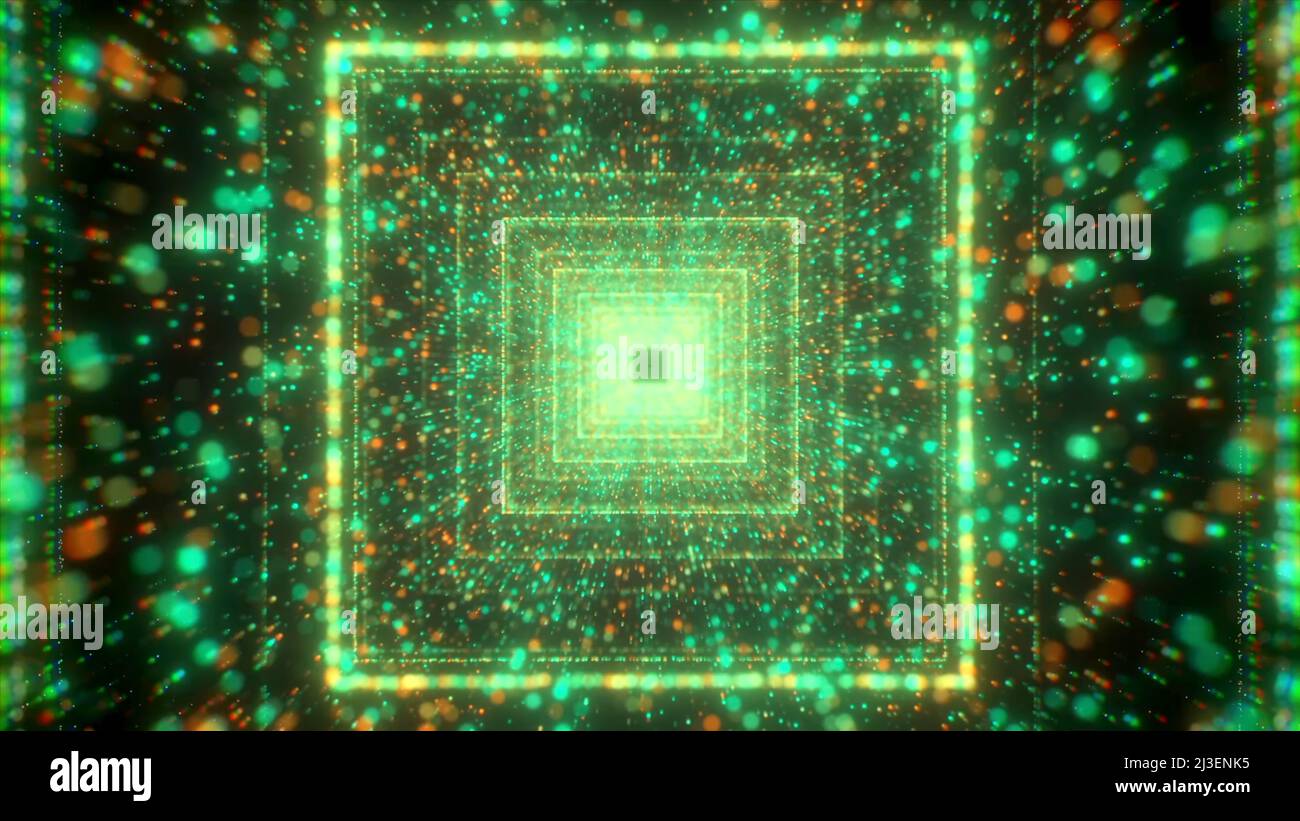 Moving in square cyber tunnel with particles. Motion. Glowing particles ...
