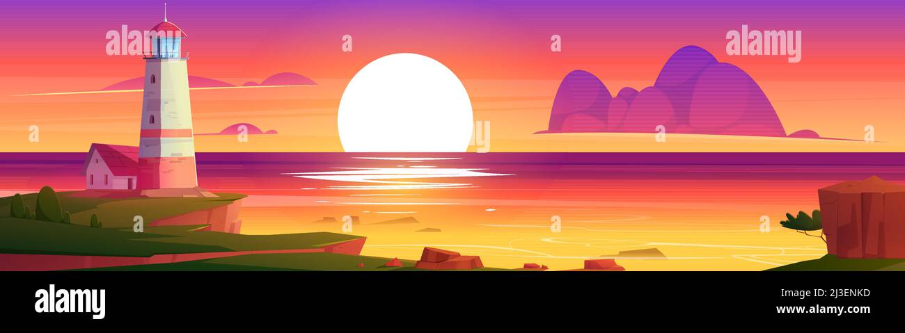 Lighthouse on rock cliff on sea shore at sunset. Vector cartoon ...