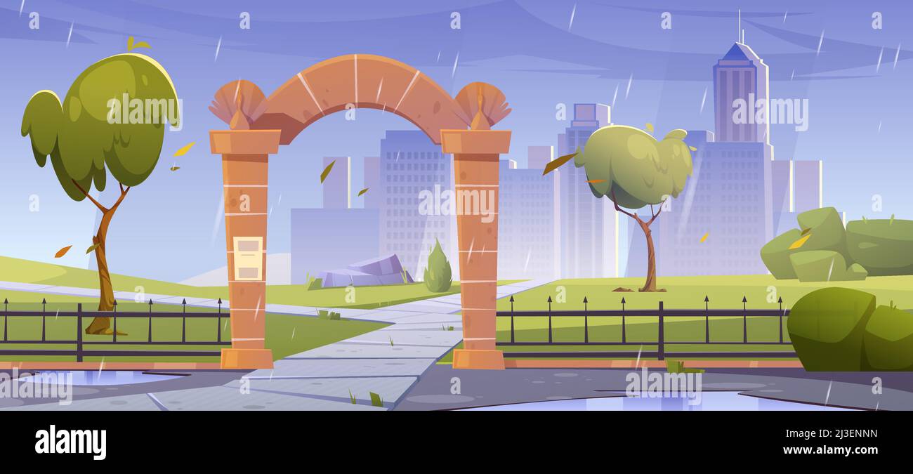 Stone gates, entrance to city park at rainy weather. Urban skyline with ...