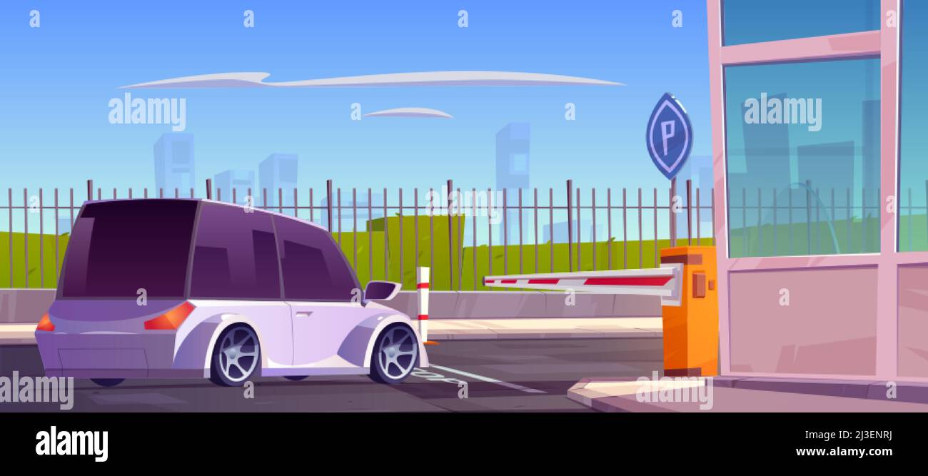 Car stand at parking security entrance with automatic barrier, guardian ...