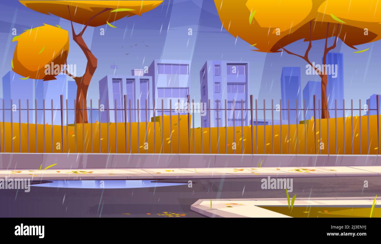 City street with park and buildings behind fence in rain. Vector ...
