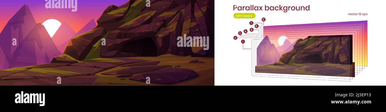 Parallax background mountains sunset landscape. Scenery view with sun ...