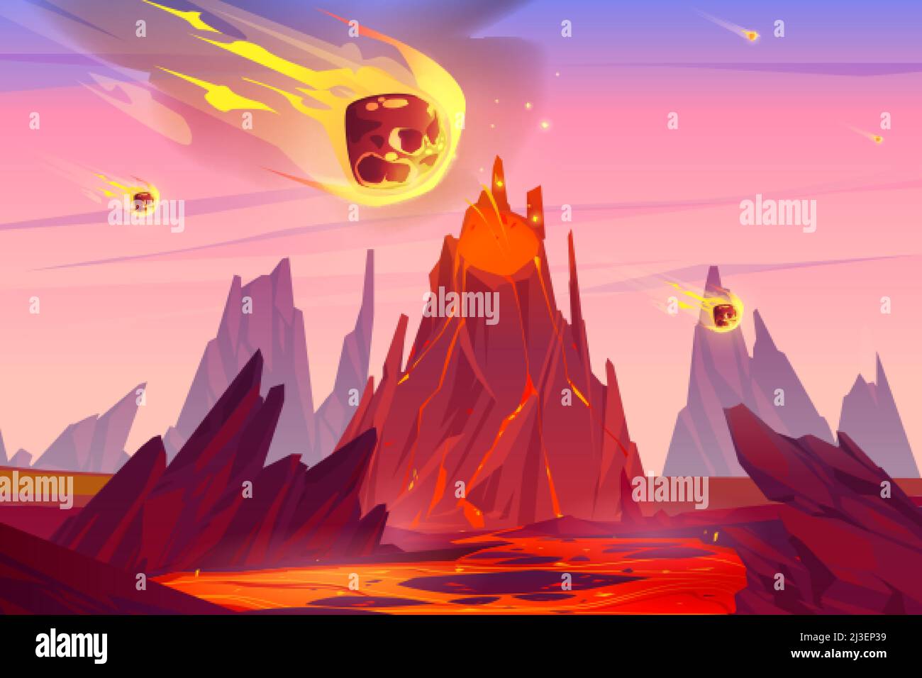 Meteor rain falling on Earth with erupting volcano, rocks and lava ...