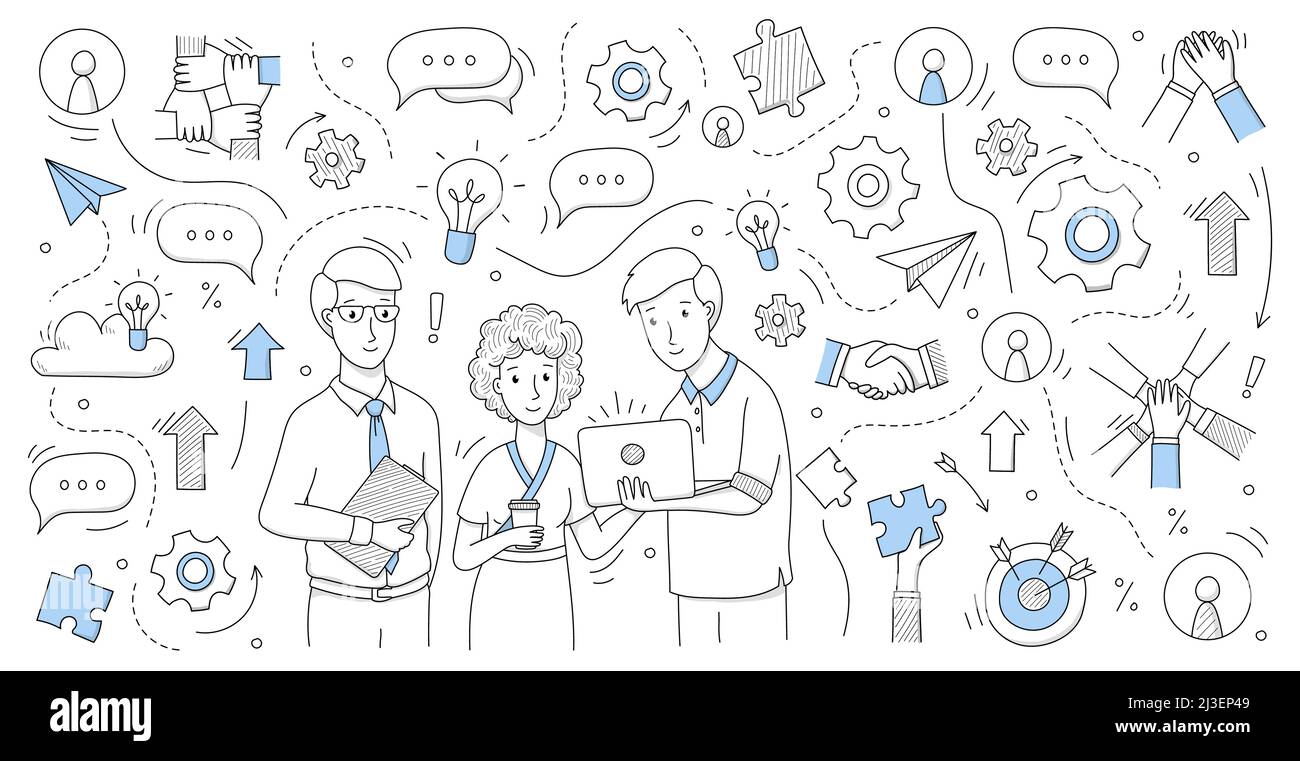 Teamwork background with people work together. Vector doodle ...