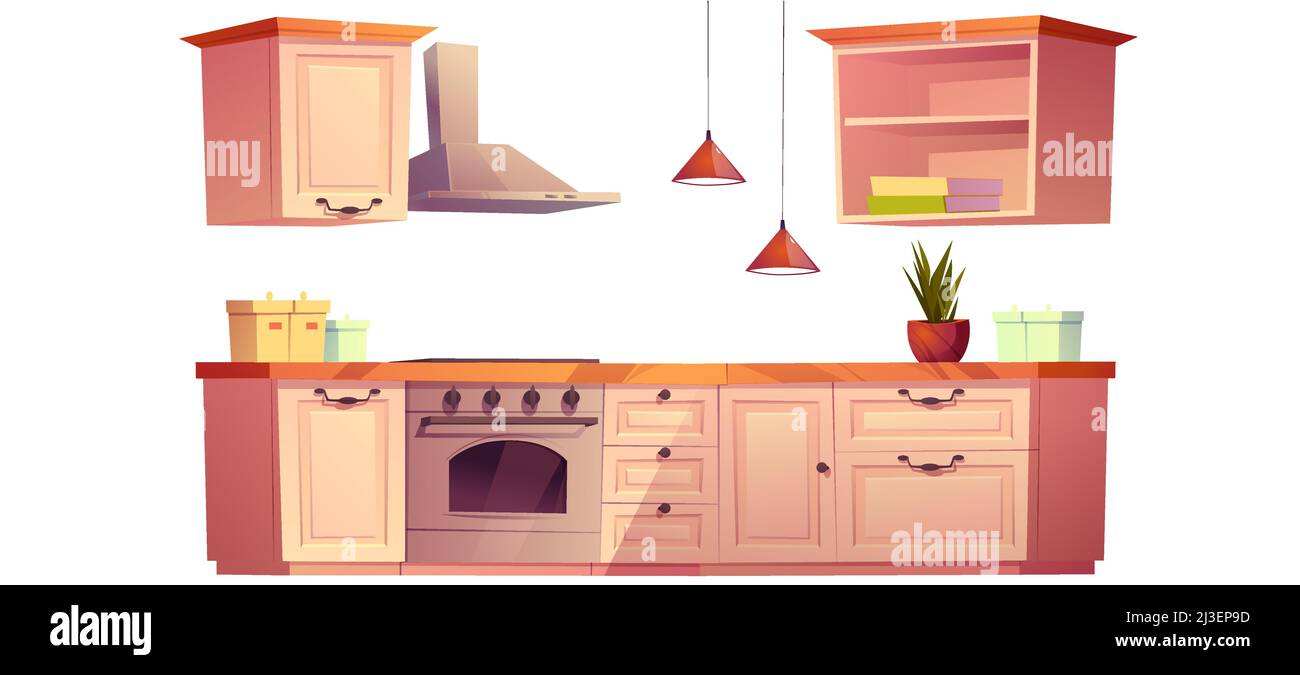 Kitchen interior set with cooking counter, stove, hood and hanging ...