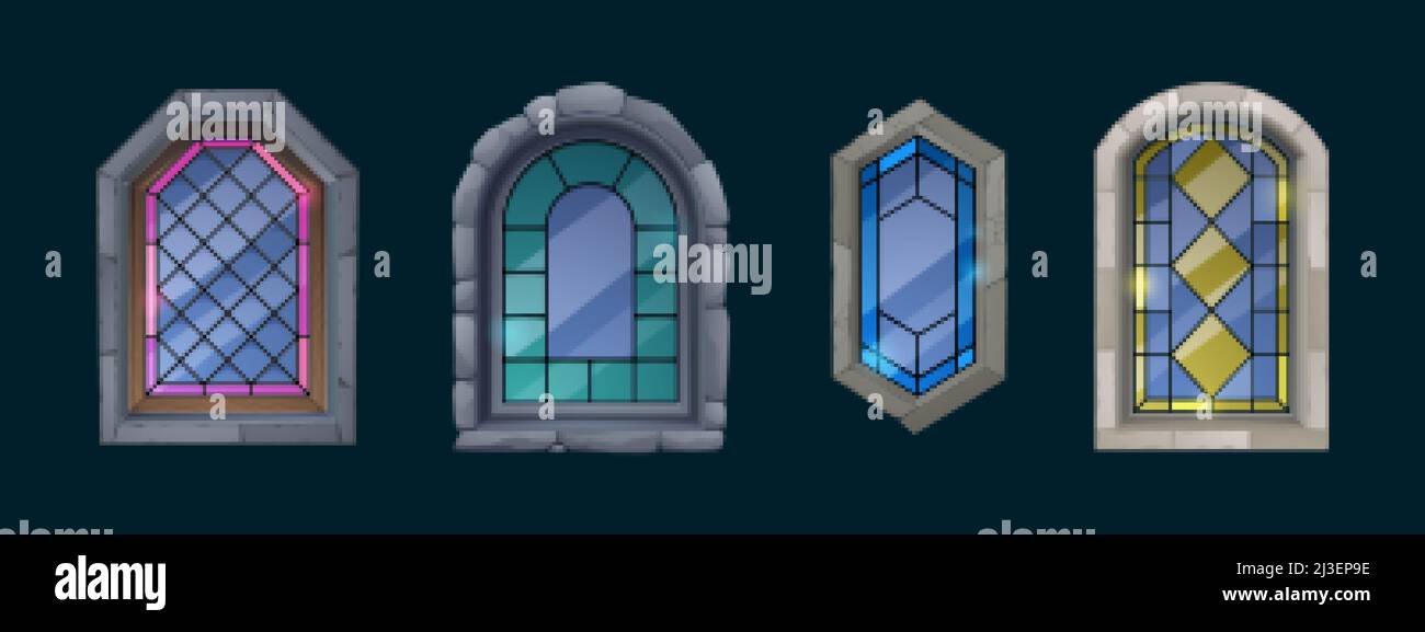 Colorful stained glass windows with stone frame. Vector cartoon set of ...