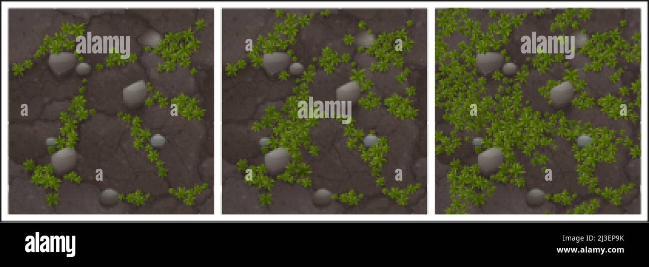 Barren land texture with green plants grow on cracked dry soil with ...