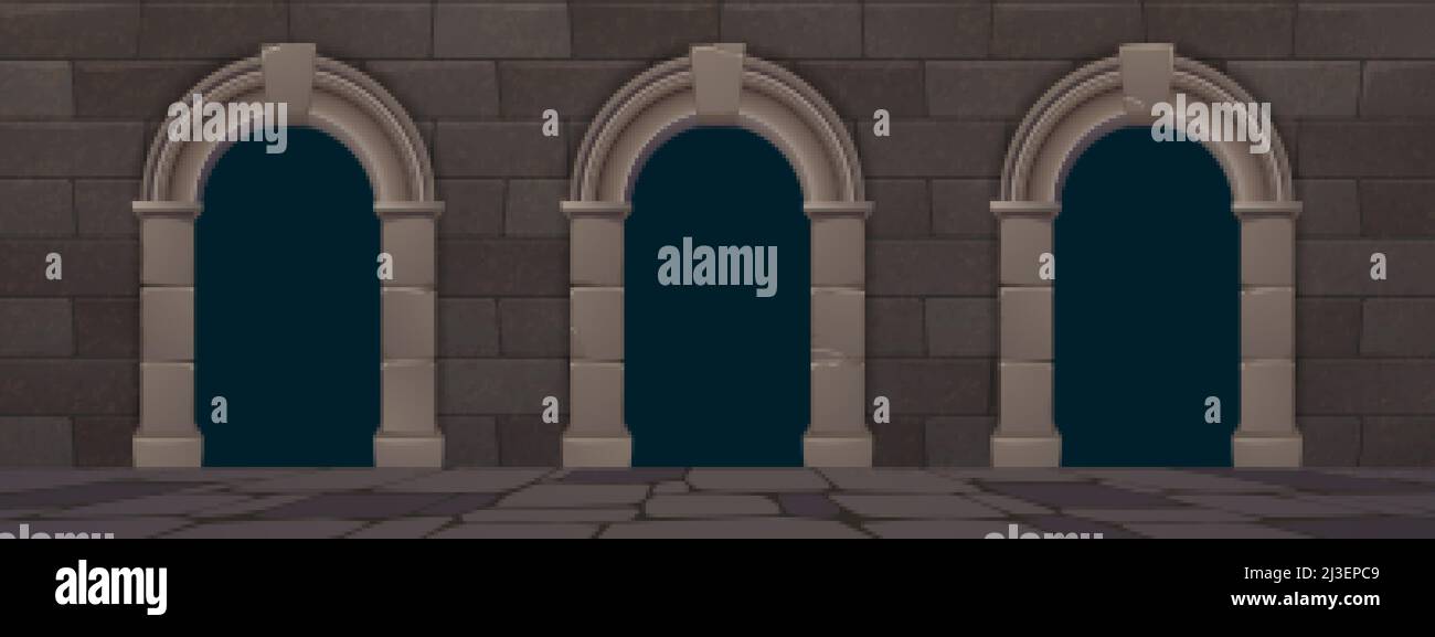 Arches in wall from stone bricks in ancient classic architecture ...