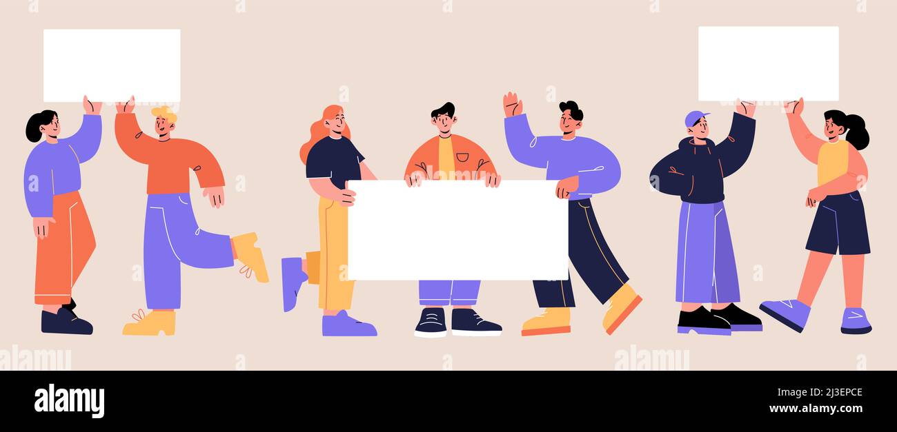 People with placards and banners protest on rally demonstration or ...