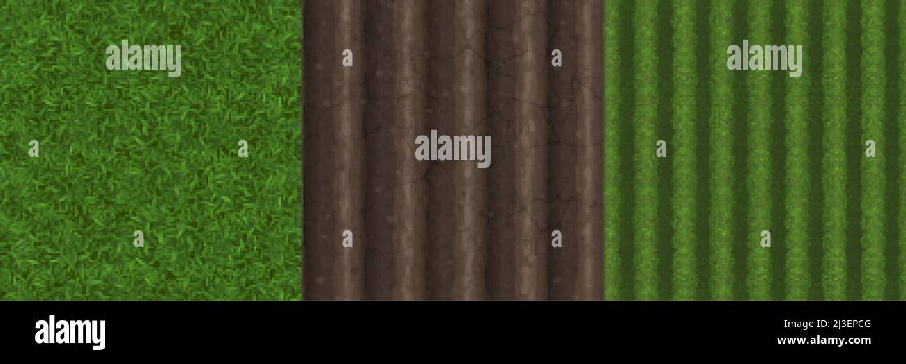 Game textures of green lawn, plowed farm field and grass meadow ...