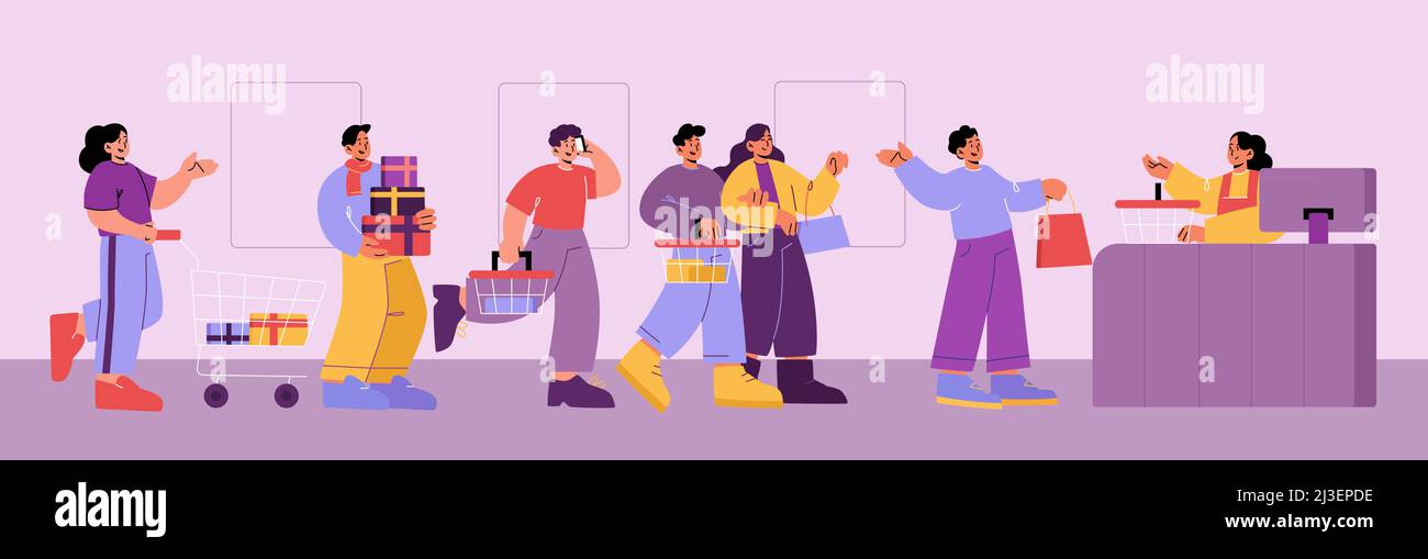 People stand in mall queue. Customers with paper bags and gift boxes ...