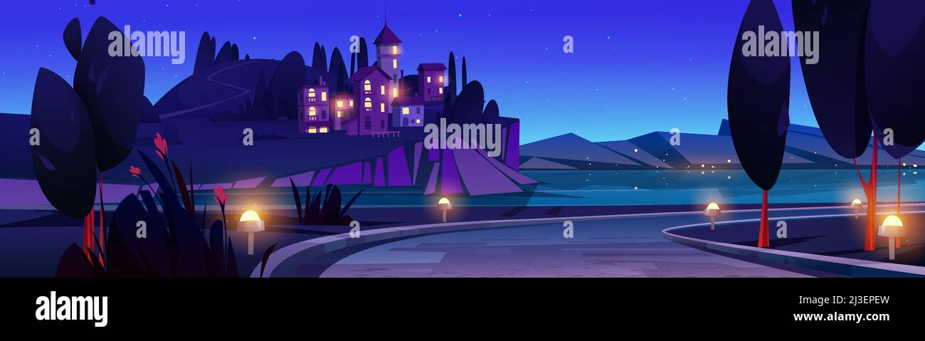 Night Mediterranean landscape, beautiful scenic nature. Sea coast with ...