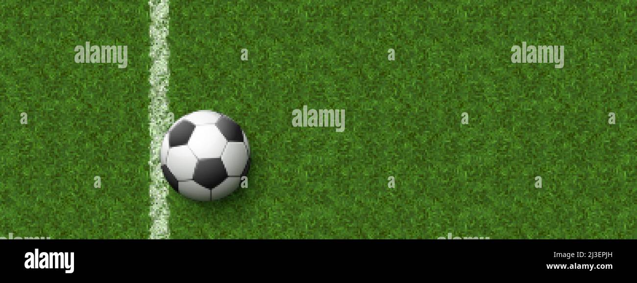 Soccer ball on field with green grass and white line. Vector realistic ...