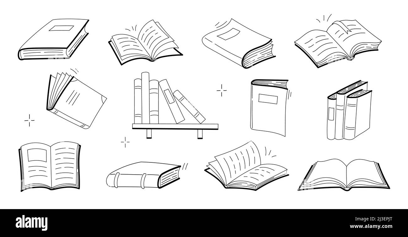 Sketches of books, open and closed textbooks, dictionary or novels with ...