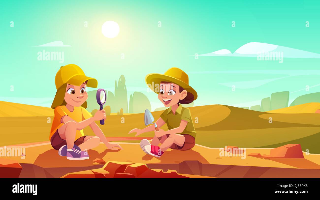 Kids playing in archaeologists in sandbox. Vector cartoon illustration ...