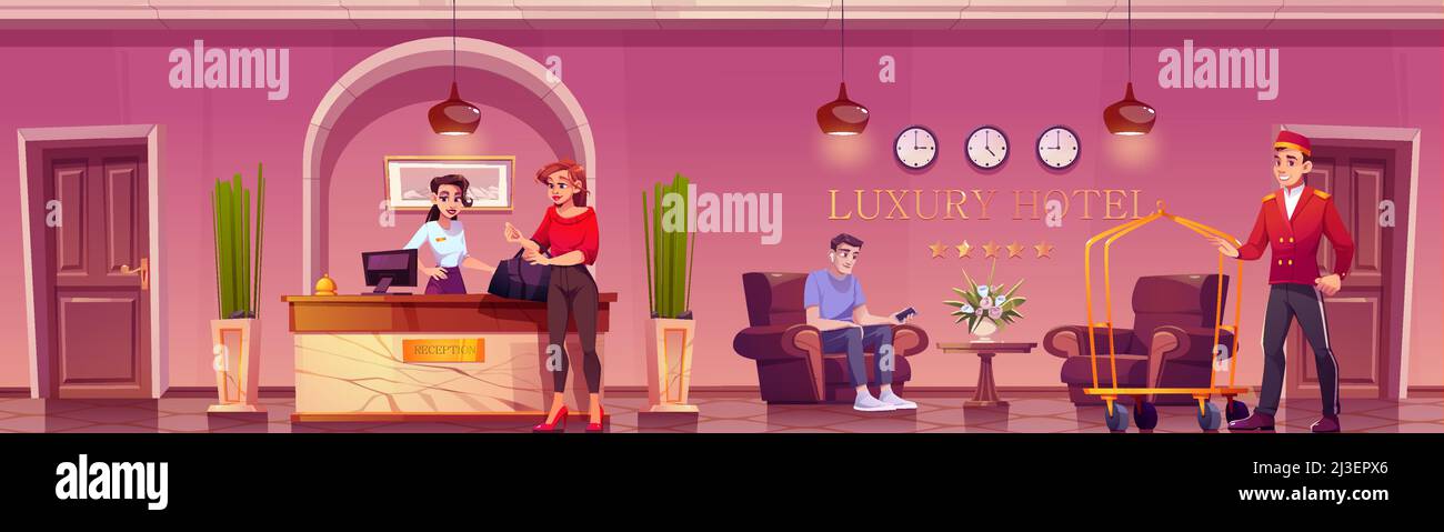 Guests and staff in luxury hotel lobby with reception desk, table with ...