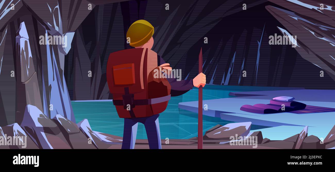 Hiker man made camp in dark ice cave with sleeping bag. Vector cartoon ...