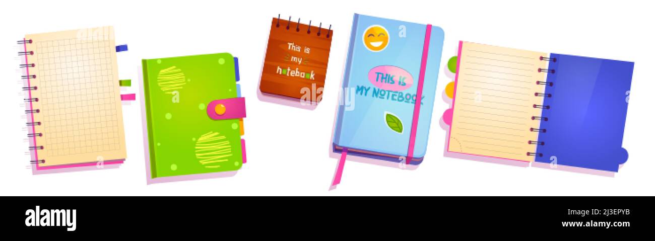 Notebooks with empty paper sheets, colorful covers, spiral binder ...