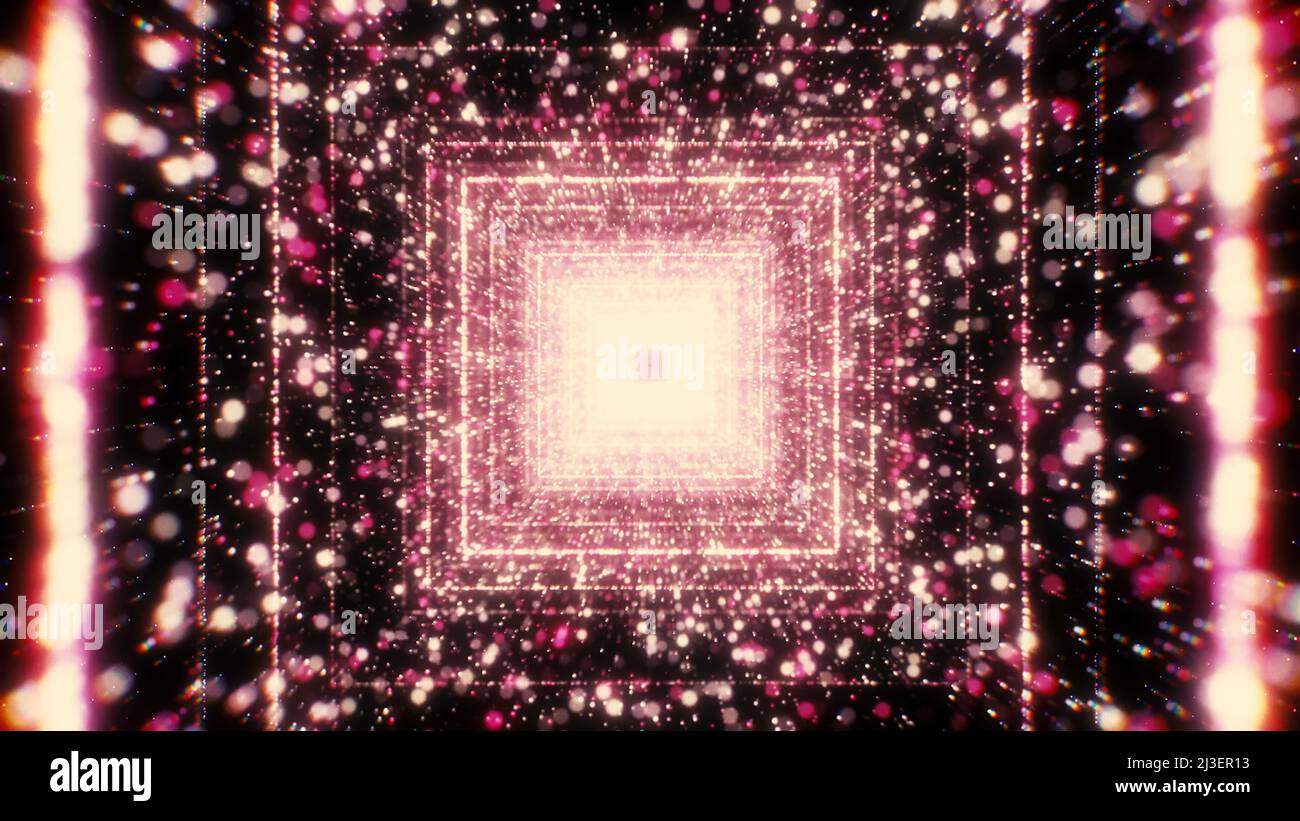 Moving in square cyber tunnel with particles. Motion. Glowing particles ...