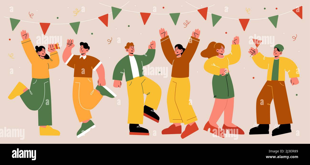 Group of happy people have fun and dance on party. Vector flat ...