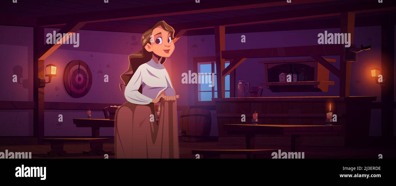 Girl waitress in old tavern with wooden bar counter, shelf with bottles ...