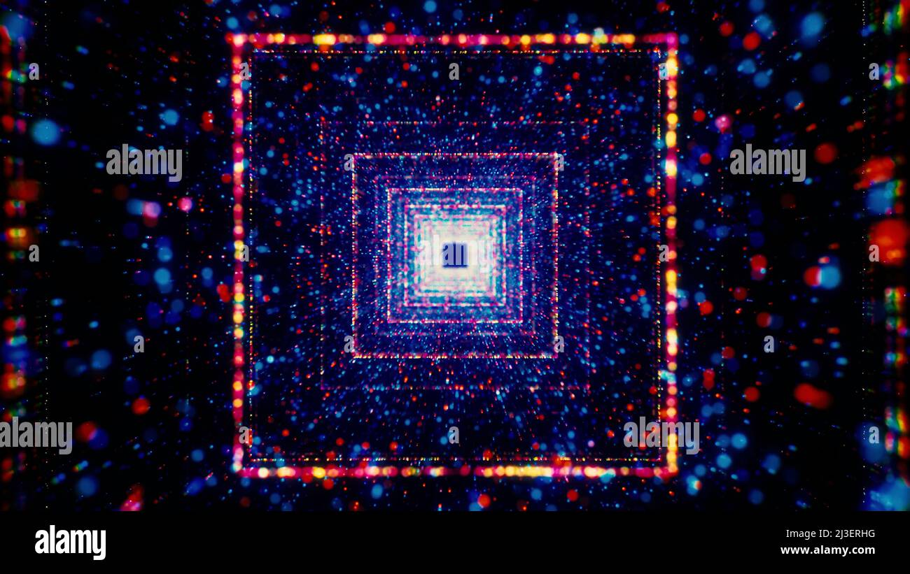 Bright square tunnel with particles. Motion. Immersion in cosmic flow ...