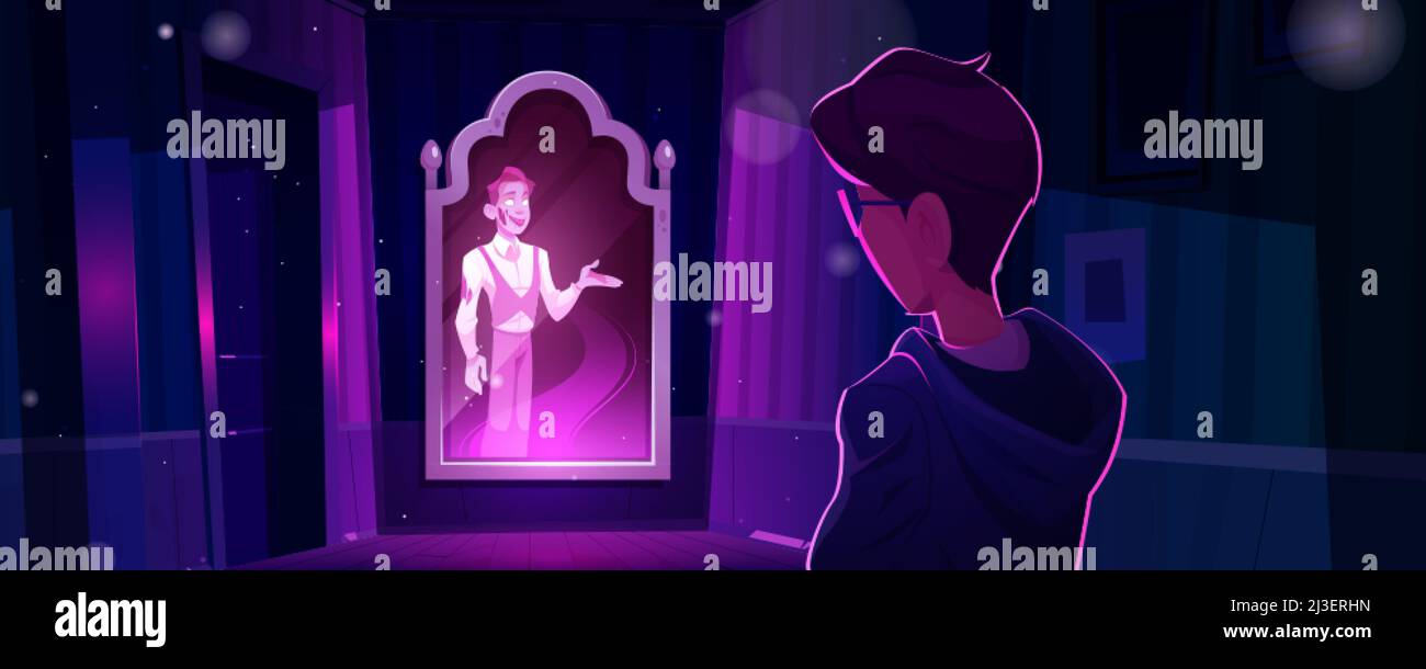 Man in haunted house with ghost appear in mirror. Halloween spooky dark ...