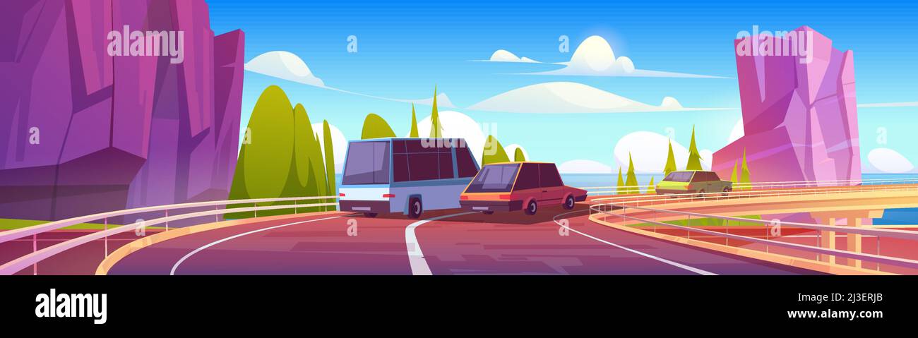 Cars driving on overpass road on sea shore. Vector cartoon summer ...