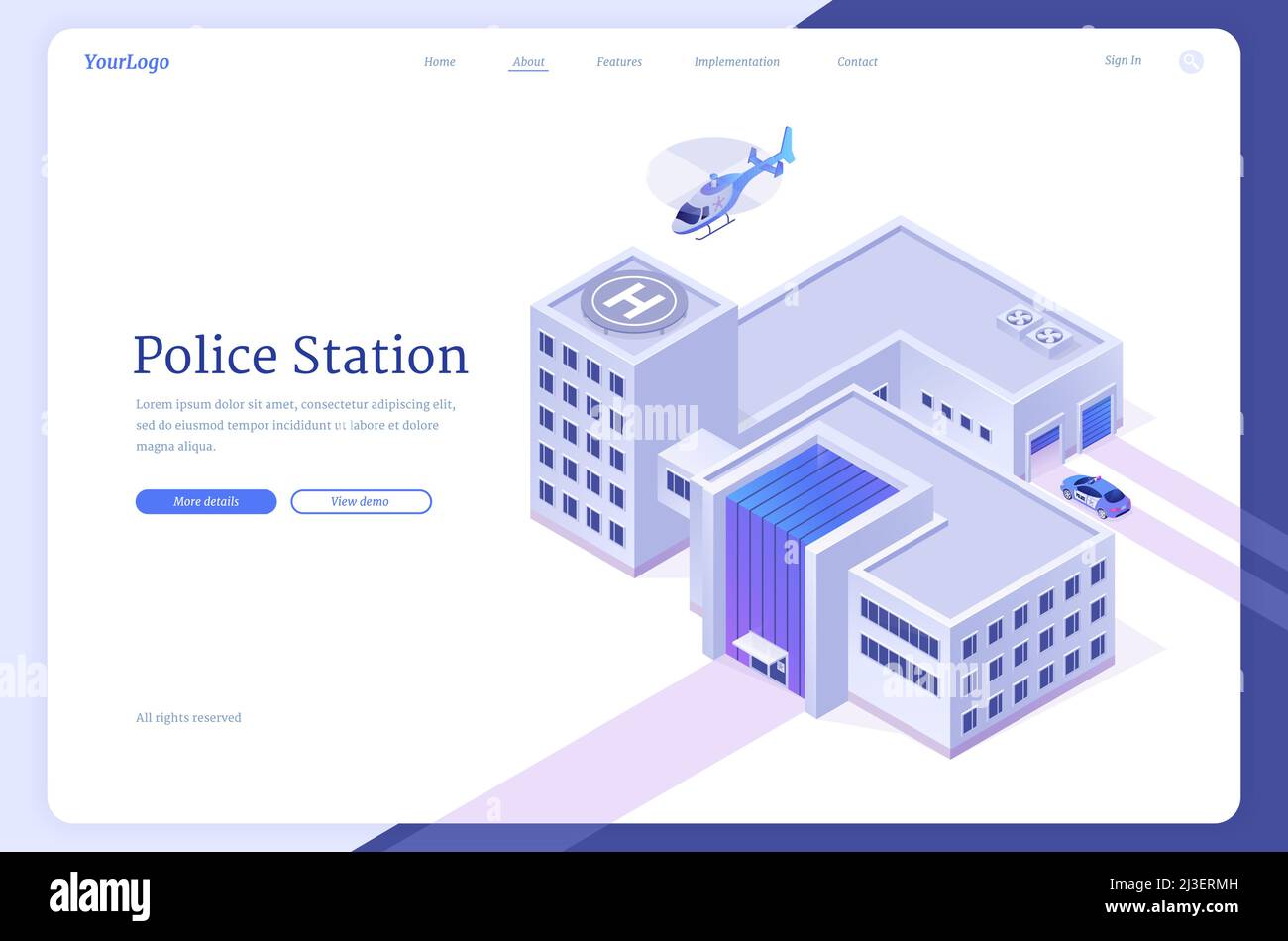 Police station banner with building facade, patrol car and chopper ...