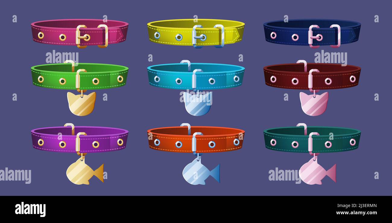 Pet collars with id tags for cat or dog neck. Vector cartoon set of ...