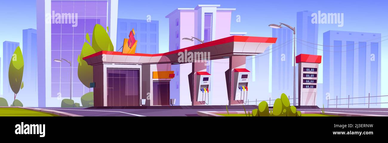 Gas station with oil pump, market and prices display on road in town ...