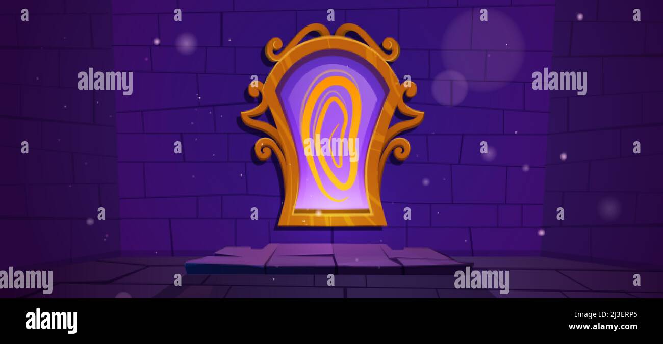 Magic mirror in golden frame on stone wall at night. Vector cartoon ...