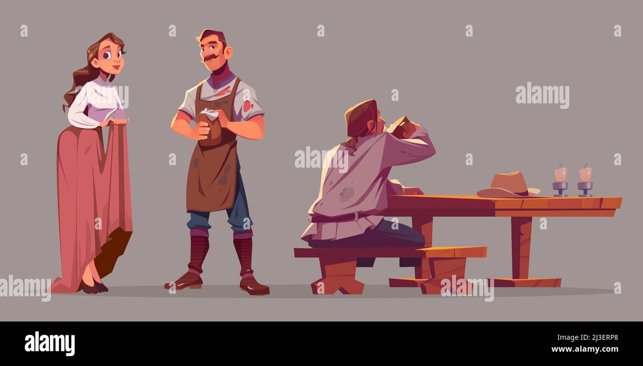 People in old tavern, waitress, bartender and man sitting at wooden ...