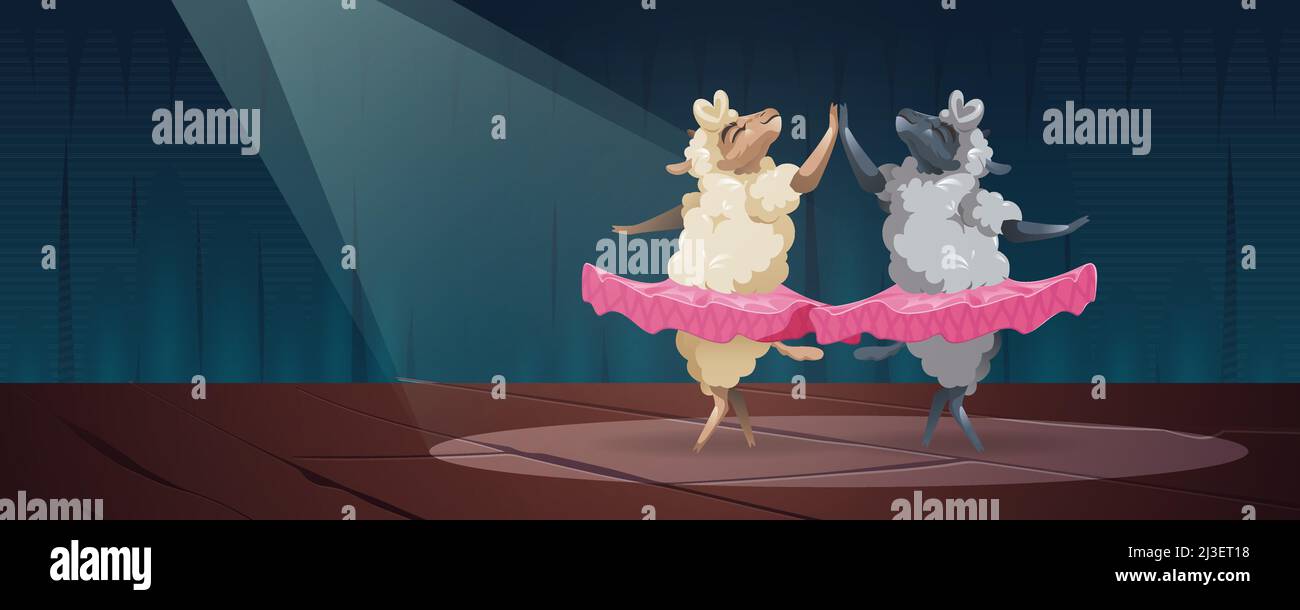 Cute sheep dance ballet on scene. Farm animals cartoon ballerina ...