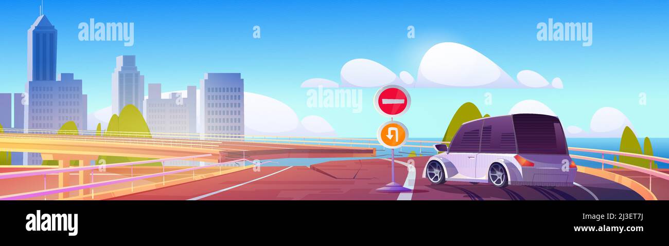 Car stand at broken overpass highway, road pit or hole with warning ...