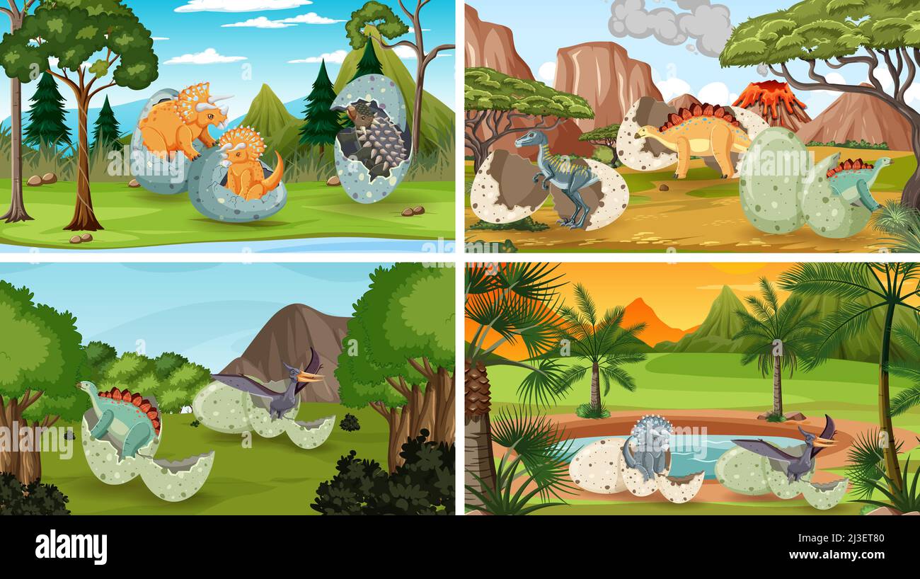 Different prehistoric forest scenes with dinosaur cartoon illustration ...