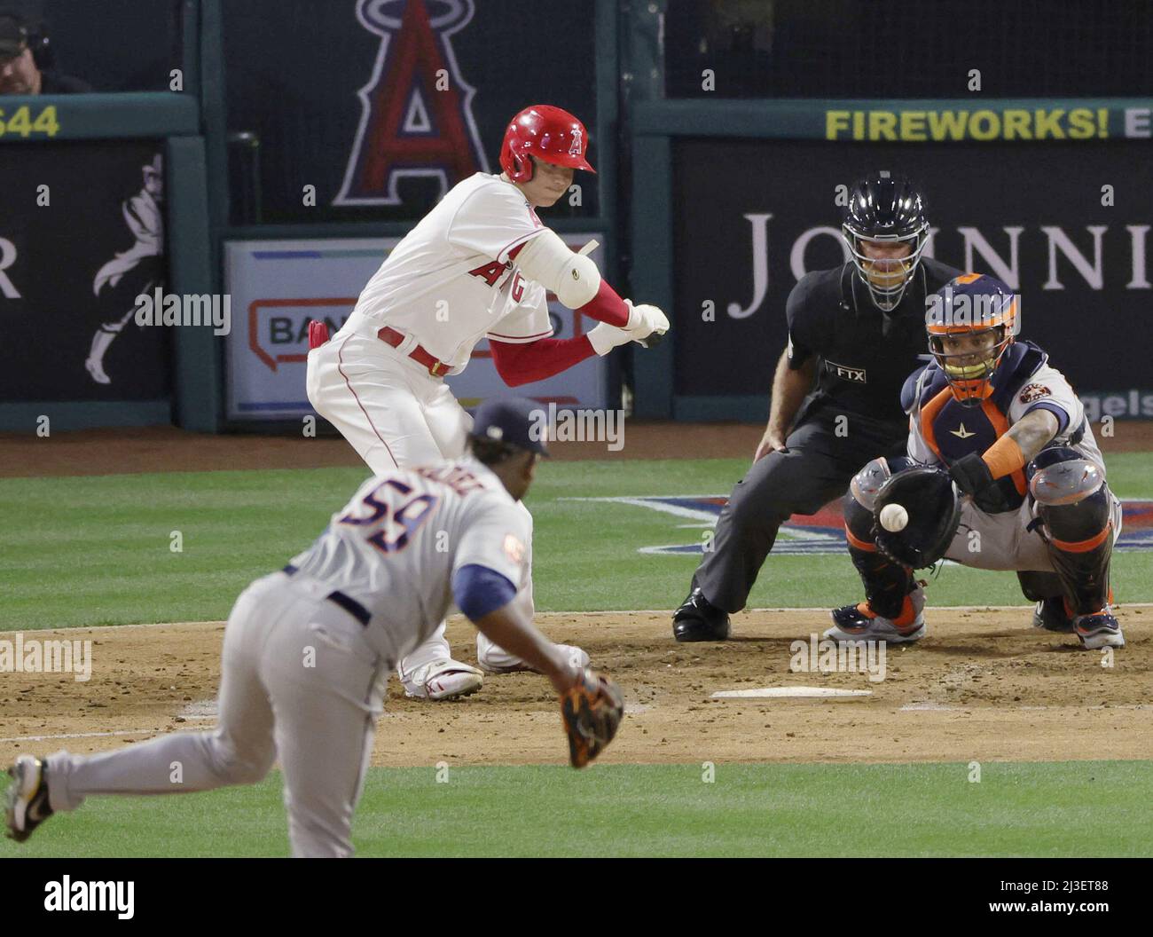 Houston Astros pitcher Framber Valdez strikes out Shohei Ohtani of the Los Angeles Angels in the ...