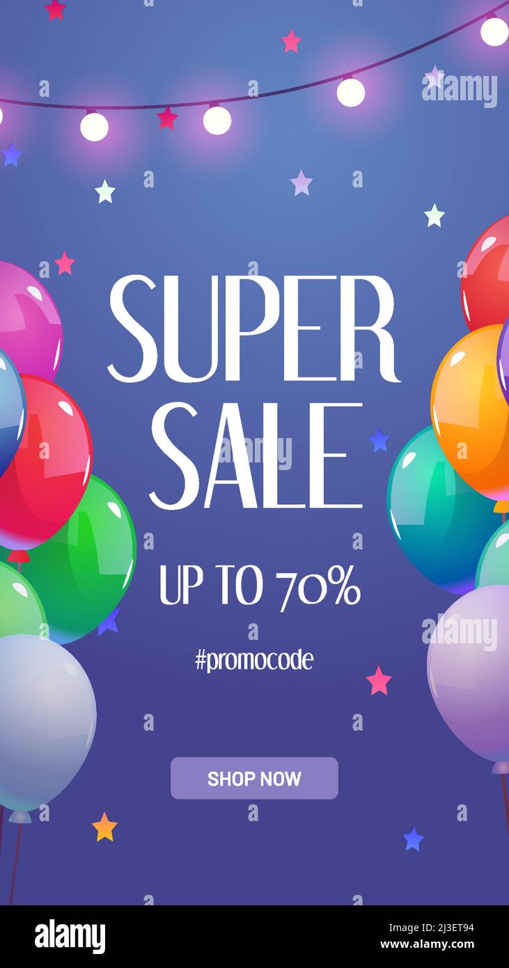 Super sale banner with promo code. Poster with special offer, price ...