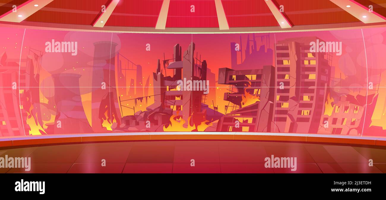 City ruins with broken houses, smoke and fire outside panoramic window ...