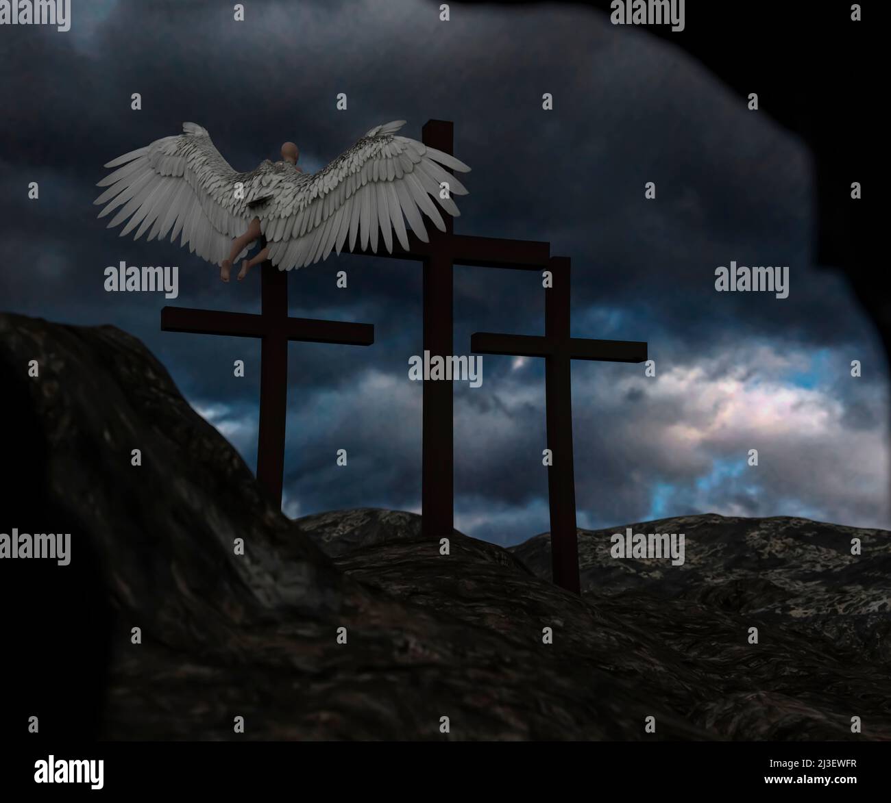 Silhouette of Christ cross from an open tomb in the resurrection ...