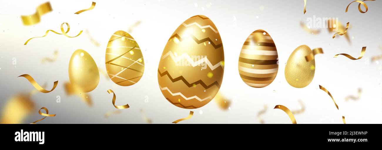 Happy Easter poster with golden eggs with patterns and spiral ribbons ...