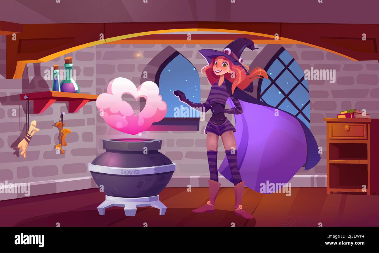 Girl witch make magic love potion in cauldron. Vector cartoon fantasy ...