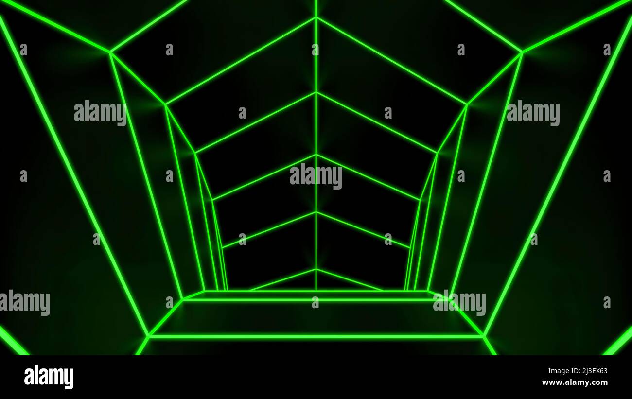Moving down tunnel with neon lines. Design. Tunnel with bright neon ...