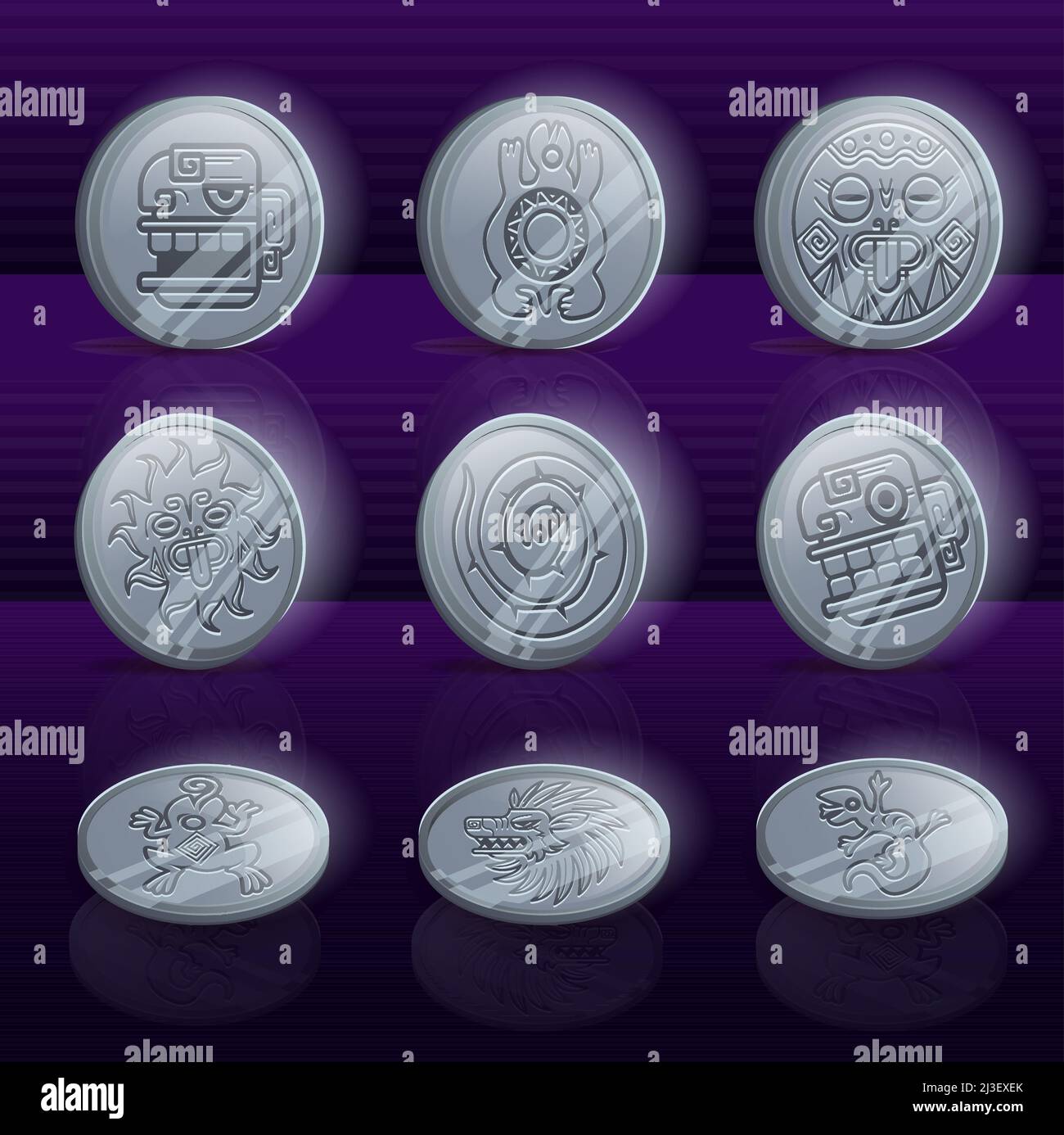 Ancient aztec or mayan silver coins with tribal symbols of sun, man and ...