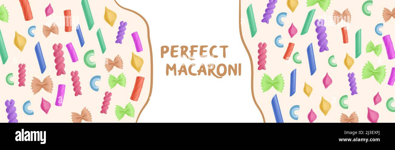 Perfect macaroni cartoon banner with colorful pasta of different types ...