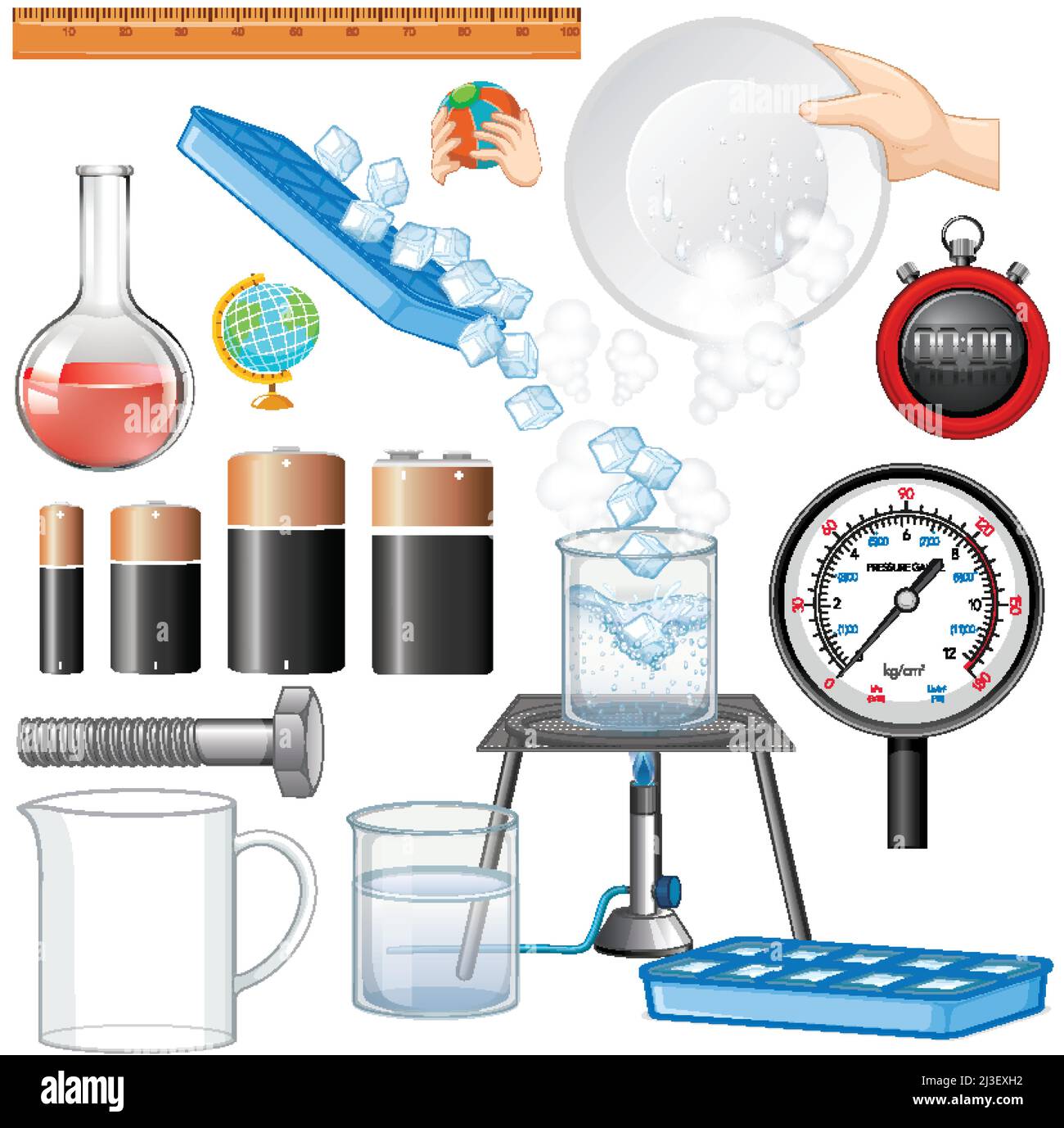 Different science equipments on white background illustration Stock ...